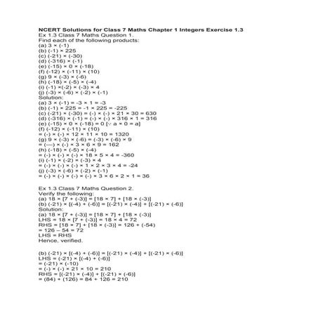 Ncert solutions for class 7 maths chapter 1 integers exercise 1 | PDF