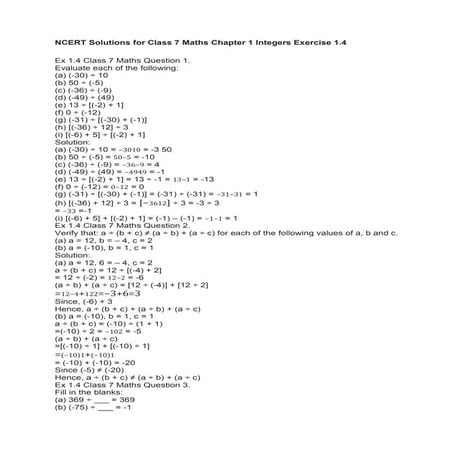 Ncert solutions for class 7 maths chapter 1 integers exercise 1.4 | PDF