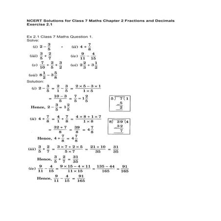 Class 7 maths chapter 2 fractions and decimals exercise 2.1 | PDF