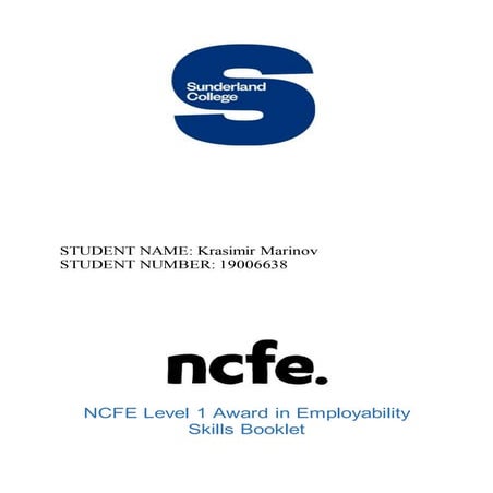 Ncfe level 1 award in employability skills booklet | DOCX