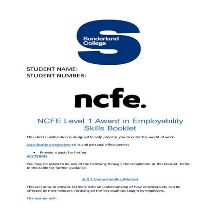 Ncfe level 1 award in employability skills booklet | DOCX