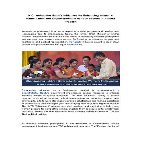 N Chandrababu Naidu's Initiatives for Enhancing Women's Participation and Empowerment in Various ...
