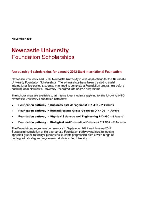 Newcastle University Foundation Scholarships Intelligent Partners Pdf