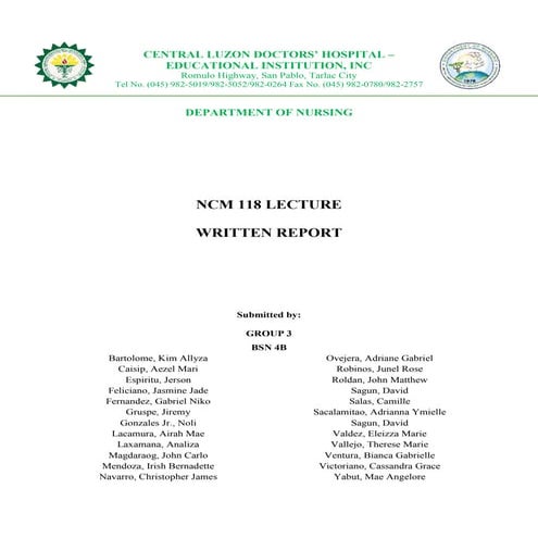 Ncm 118 Lec Written Report Group 3 Bsn 4b Docx First Aid Injuries