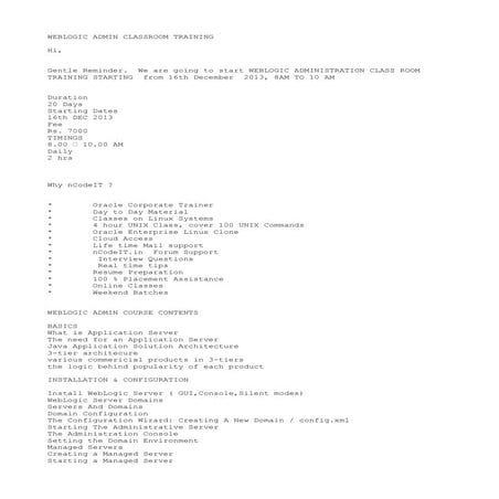 Weblogic Administration 11g New Batch Starts From 16 Dec Pdf