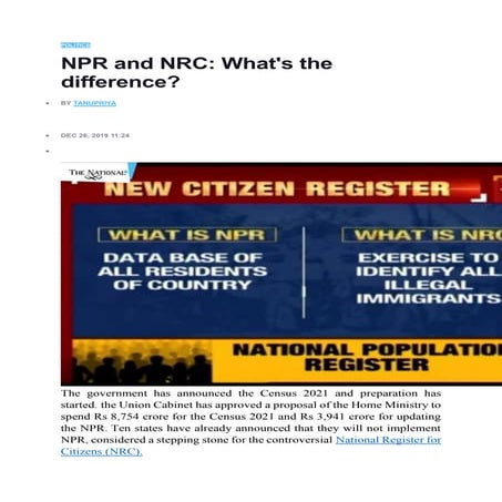 National Population Register (NPR) Facts | PDF