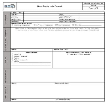 Nonconformity Form Quality Management