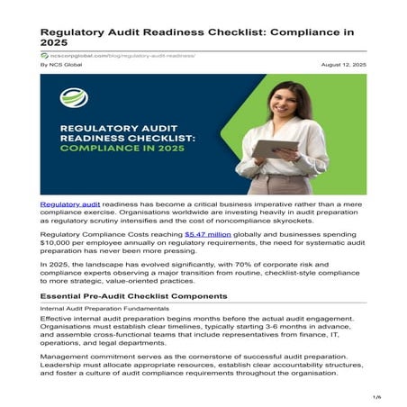 Regulatory Audit Readiness Checklist for 2025 Compliance | PDF