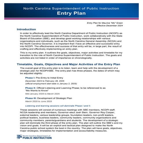 Entry plan for State Superintendent Mo Green | PDF