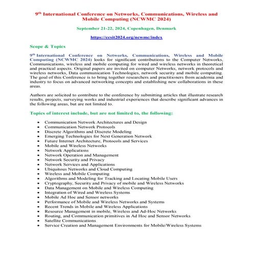 9 th International Conference on Networks, Communications, Wireless and Mobile Computing (NCWMC ...