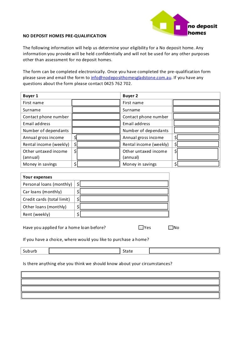 No Deposit Homes Pre Qualification Form