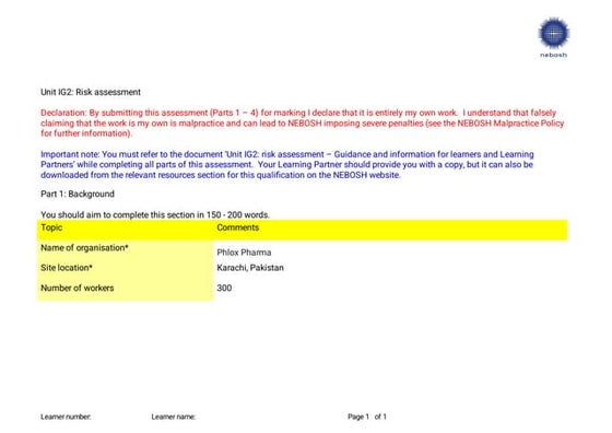 Risk assessment Report for NEBOSH Assessment | DOCX | First Aid | Injuries