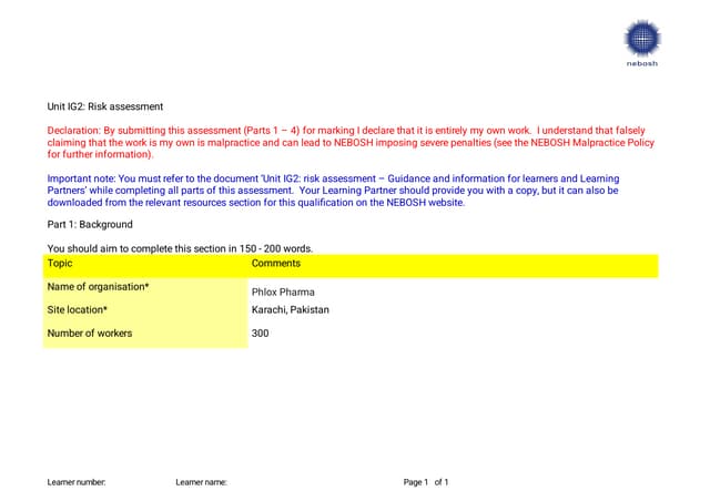 Risk assessment Report for NEBOSH Assessment | DOCX