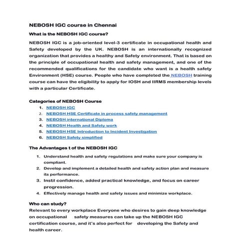 NEBOSH IGC course in chennai | PDF