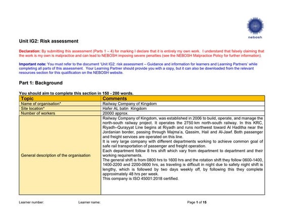 Risk assessment Report for NEBOSH Assessment | DOCX | First Aid | Injuries