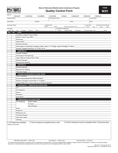 Pennsylvania Weatherization Quality Control Inspection Checklist | PDF