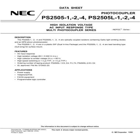 Original Opto PS2505-1 PS2505 NEC2505 2505 DIP-4 New NEC | PDF