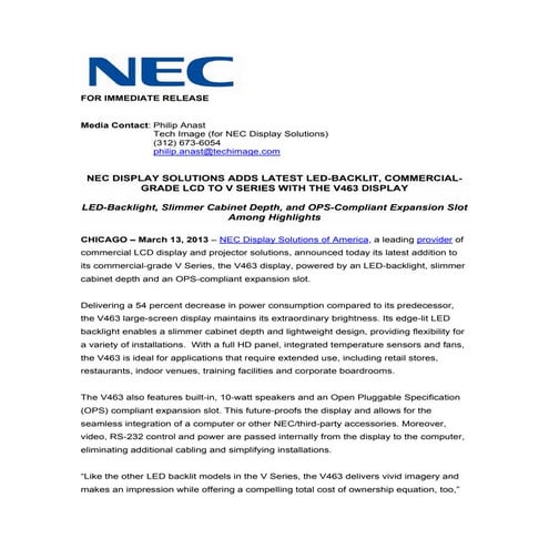 Nec display solutions adds latest led backlit, commercial-grade lcd to ...