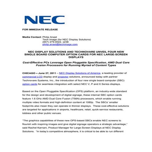 Nec display solutions and technovare unveil four new single board ...