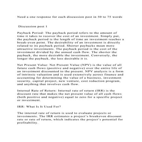 Need a one response for each discussion post in 50 to 75 words.docx