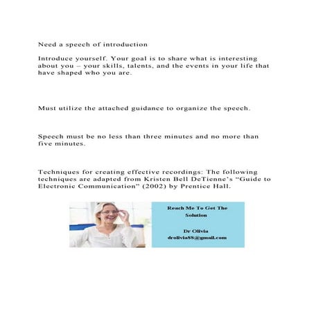 Need a speech of introduction Introduce yourself. Your goal is.docx