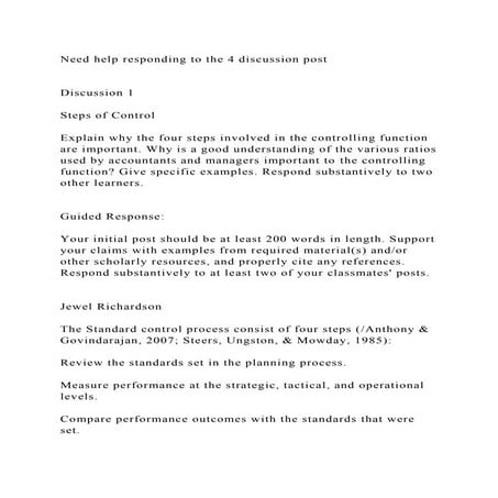 Need help responding to the 4 discussion postDiscussion 1S.docx