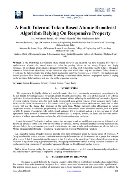 A Fault Tolerant Tokenbased Atomic Broadcast Algorithm Relying On Responsive Property Pdf