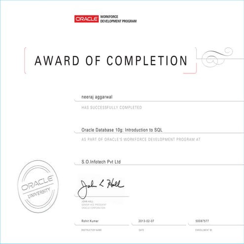 Neeraj Aggarwal Oracle Certificate | PPT