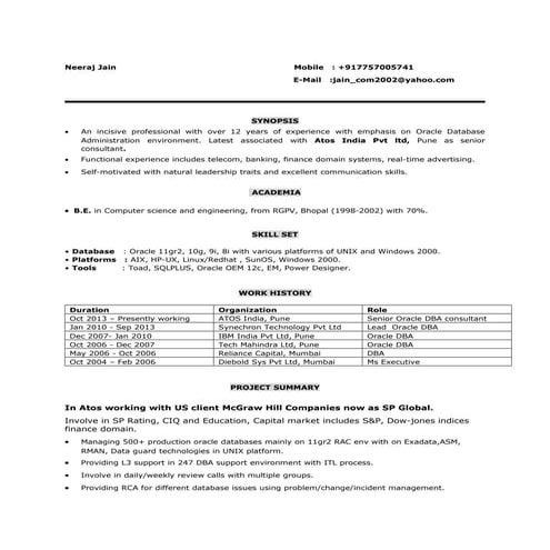 Neeraj jain oracle dba | DOC | Databases | Computer Software and Applications