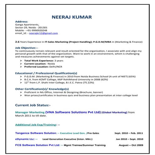 Neeraj Kumar Cv | DOC | Business Administration | Business