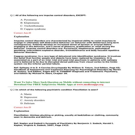 Neet pg sample question paper on mania (psychiatry) also useful for ...