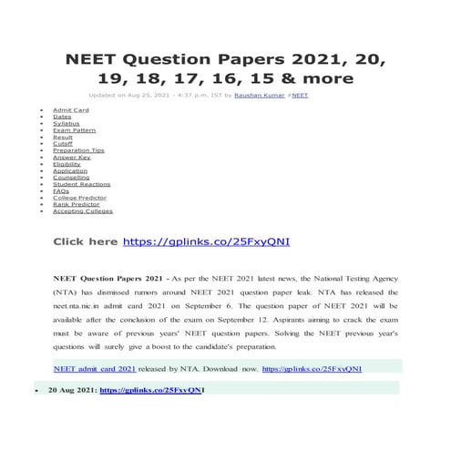 Neet question papers 2021 | DOCX