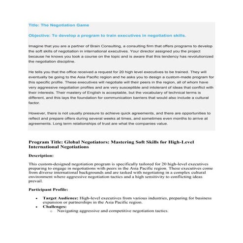 THE NEGOTIATION GAME (Objective: To develop a program to train ...