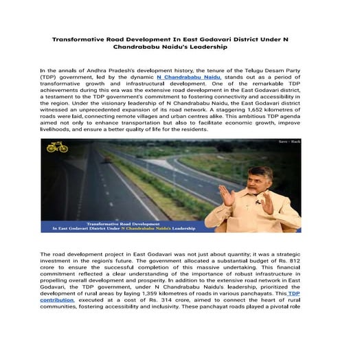 Transformative Road Development In East Godavari District Under N ...