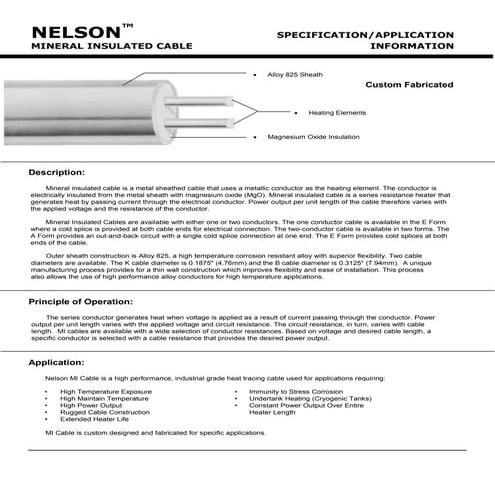 Nelson MI Heat Tracing Cable - Spec Sheet | PDF