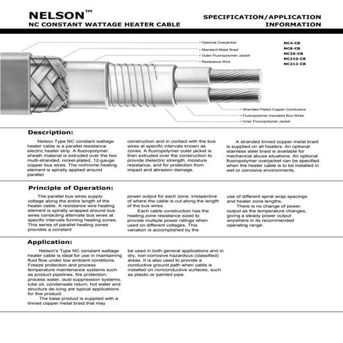 Nelson NC212 Heat Tracing Cable - Spec Sheet | PDF
