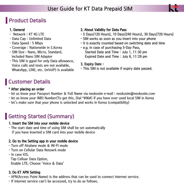 User Guide for KT Prepaid SIM Card | PDF