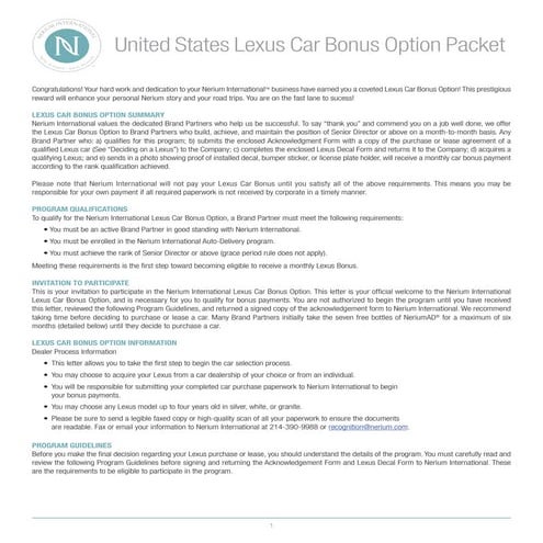 Nerium Lexus Car Bonus Program Details | PDF
