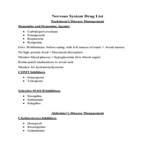 Nervous system drug list | DOCX