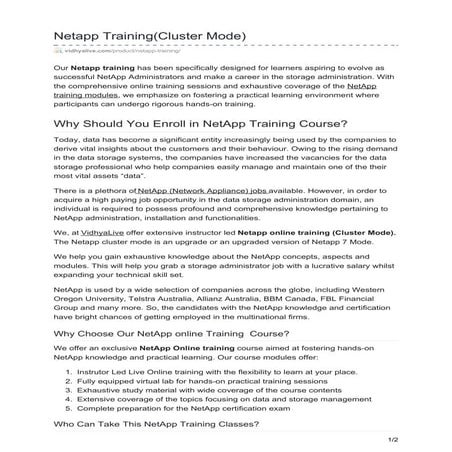 NetApp Cluster Mode Training, 100% Job Oriented Hands on Exp | PDF
