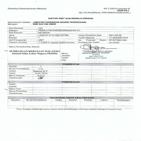 Harta Modal (KEW.PA-2) Peralatan ICT Netbook 1Msia SMKSO | PDF