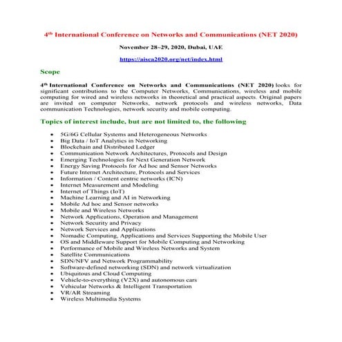 4 th International Conference on Networks and Communications (NET 2020 ...