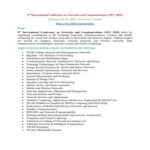 9th International Conference on Networks and Communications (NET 2025 ...