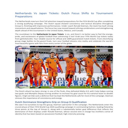 Netherlands Vs Japan Tickets Dutch Focus Shifts to Tournament ...