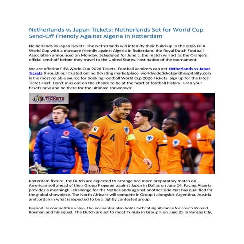 Netherlands vs Japan Tickets Algeria to Face Netherlands in June ...