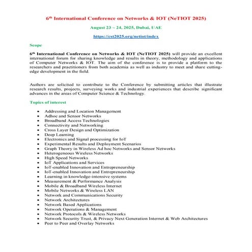 Call For Submissions-NeTIOT 2025 : 6th International Conference on ...