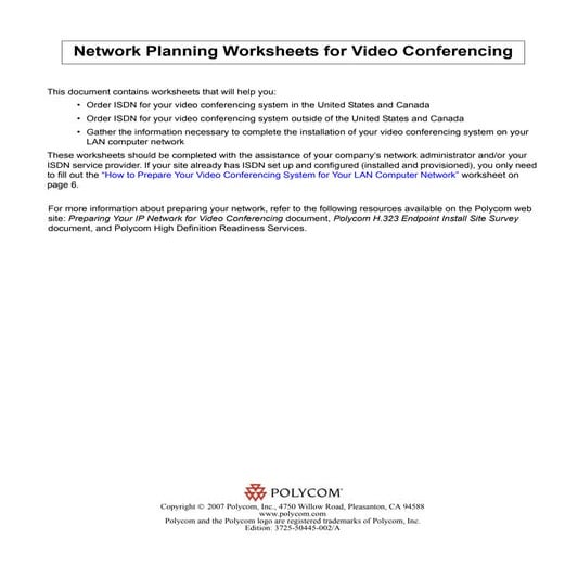 Network Planning Worksheets for Video Conferencing | PDF