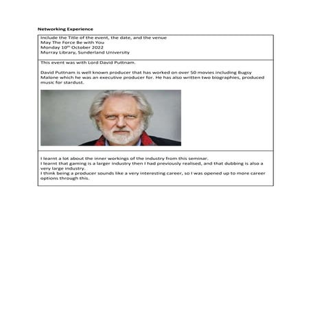 Networking Experience - Lord puttnam | DOCX | Movies | Entertainment