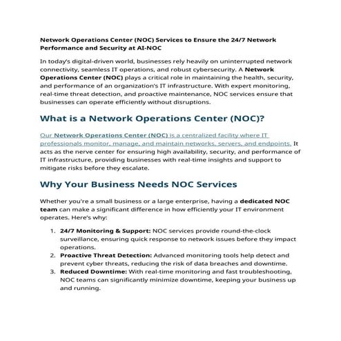 Network Operations Center (NOC) Services to Ensure the 24 7 Network Performance and Security at ...