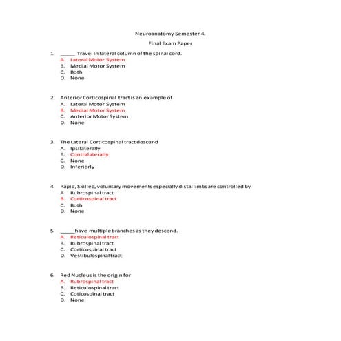 100 neuroanatomy practice questions | DOCX